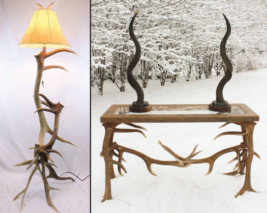 Elk Antler Floor Lamp, Elk Antler Sofa Table, and Kudo Horn Sculptures ...